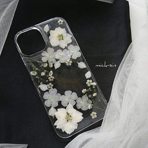 ホワイトフラワーがいっぱいの押し花iphoneケース/押し花ケース ホワイトフラワーがいっぱいの押し花iphoneケース/押し花ケース