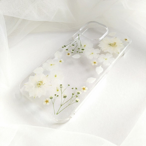 ホワイトフラワーがいっぱいの押し花iphoneケース/押し花ケース ホワイトフラワーがいっぱいの押し花iphoneケース/押し花ケース