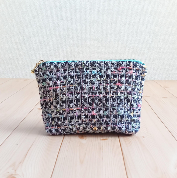 18cm ブラックツイードと水色ファスナーのカラフルポーチ ポケット付き メイクポーチ 719 ポーチ M.unbleach 通販 ...