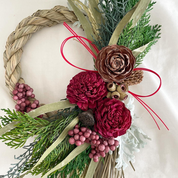 残り1点【2日以内発送】水引きリボンとボルドーカラーのお正月スワッグリース＊ラッピング無料 しめ縄・しめ飾り ichirinka 通販 ...