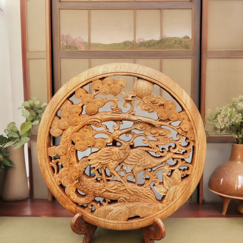 松鶴延年 26.5cm(鶴・松) 参次元彫刻『雅』 透かし彫 楠彫刻 松鶴延年 26.5cm(鶴・松) 参次元彫刻『雅』 透かし彫 楠彫刻