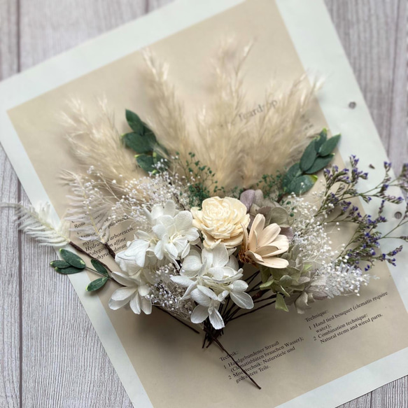 ヘッドドレス 髪飾り ヘッドパーツ 〜ホワイト&グリーン〜 ウエディング/結婚式/成人式/卒業式 ドライフラワー ヘッドドレス（ウェディング ...