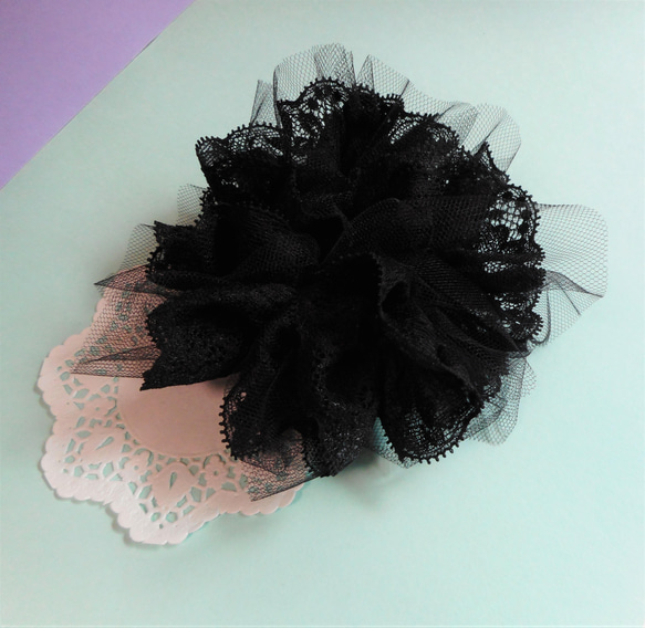チュールとレースのふわふわシュシュL（Black×Black） シュシュ めりーさん Merry merry 通販 13220794 ...