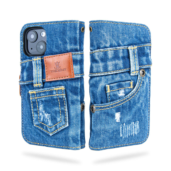 手作り本格デニム iPhone 13mini 用 手帳型 デニム アイフォン スマホケース iPhoneケース・カバー UK Trident ...