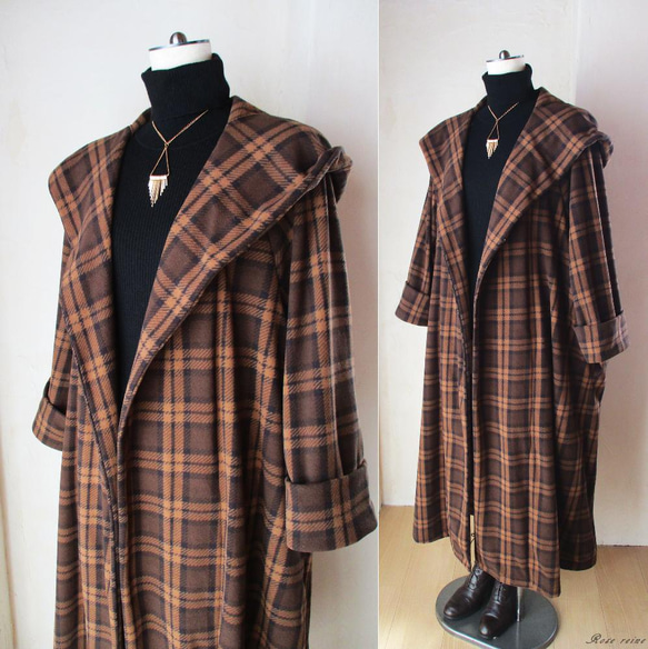 魔法使い ビッグフード ゆったり袖 ローブコート ブラウンチェック とろみフリース ラグラン コート アトリエローズレーヌ 通販｜Creema ...