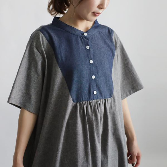 ＊ラスト1 。夏SALE。115cm『異素材 切替かぶるだけ／スモック ワンピース』スタンド襟ゆったりさんにもG63 ワンピース anvai ...