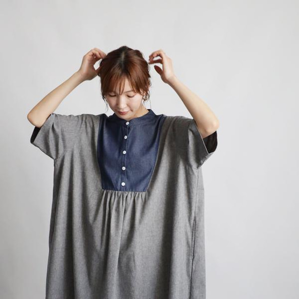 ＊ラスト1 。夏SALE。115cm『異素材 切替かぶるだけ／スモック ワンピース』スタンド襟ゆったりさんにもG63 ワンピース anvai ...