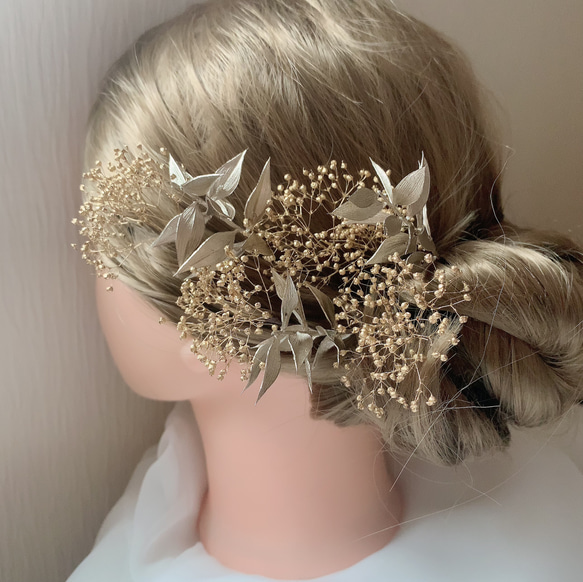 【少量パーツ】ゴールドかすみ草×リーフのヘッドパーツ ヘッドドレス（ウェディング） byshieri 通販 13333983｜Creema(クリーマ)