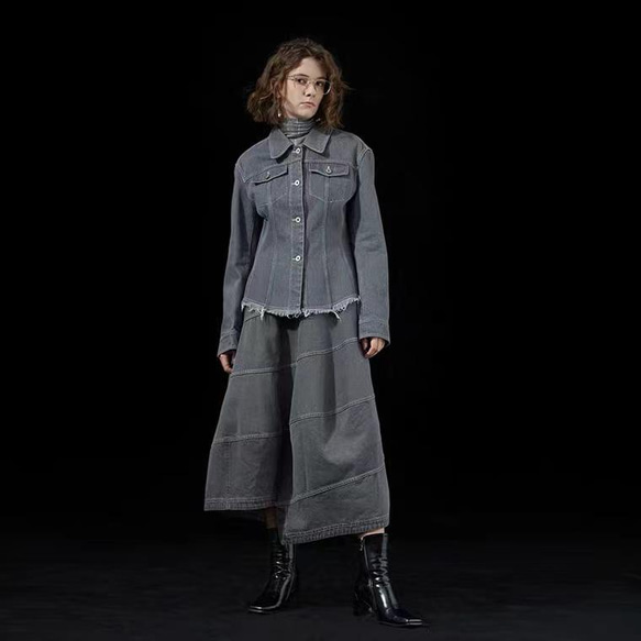 【デニムコットン/綿100%】美シルエットの長袖シャツ ジャケット【秋春冬】グレー シャツ ねまき屋 通販 13377432｜Creema(クリーマ)