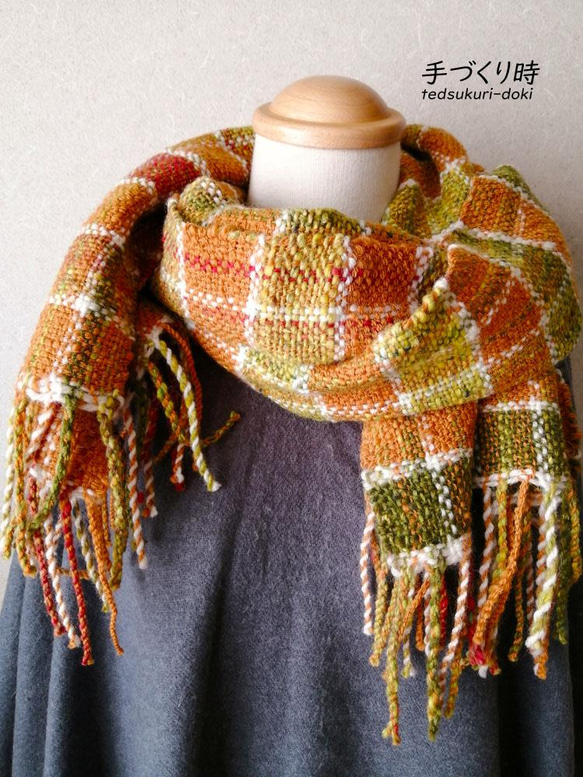 手織りマフラー 茶系チェック柄 1点もの 男性にもお勧め マフラー 手づくり時 通販 13406438｜Creema(クリーマ)