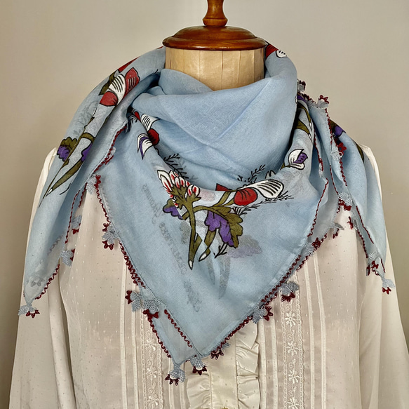 ニードルレース コットン・ハンドペイント スカーフ スカーイブルー ストール デイジー刺繍ショップ 通販 13419801｜Creema(クリーマ)
