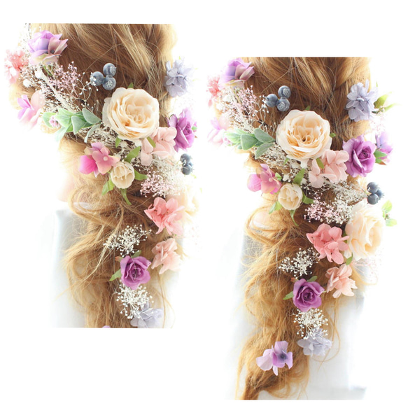 No.00115 ♡ホワイトローズとプリザ＊アジサイかすみ草のハーフ花冠♡ ヘッドドレス（ウェディング） Jewel flower 通販 ...