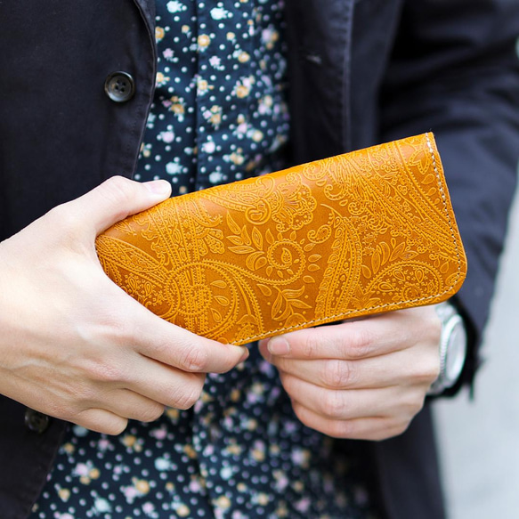送料無料 春財布 栃木レザー ペイズリー型押し ロングウォレット NAZARIO 長財布 ミモザ ヌメ 二つ折り 長財布 VINCENT ...