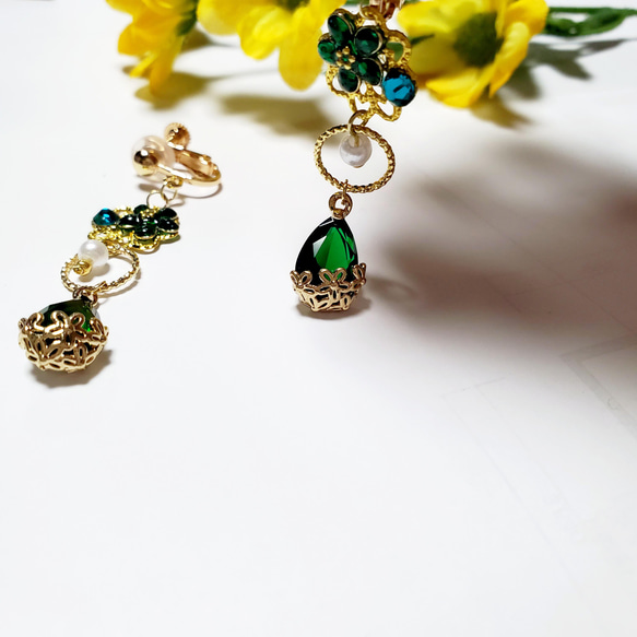 小ぶりな花でゴージャスピアス、イヤリング！緑×ゴールド×パール×しずく イヤリング・ノンホールピアス HiS 通販 13451950 ...
