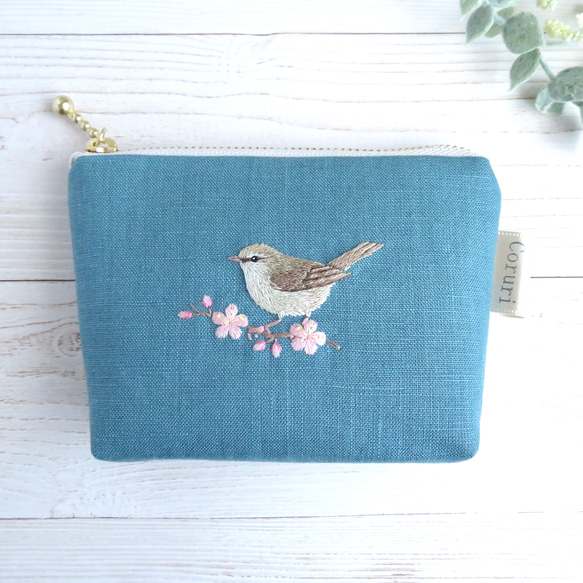 ウグイスと梅の刺繍リネンミニポーチ【ターコイズ】 ポーチ Coruri 通販｜Creema(クリーマ) 13506522