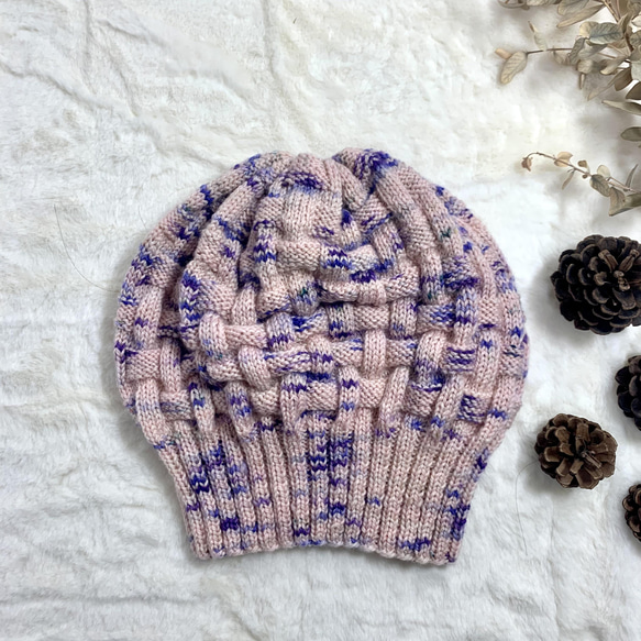 手編みのバスケット模様のバルーンキャップ 手染め毛糸 もちふわ ニット帽・ビーニー KAZUMIのルームキャップ 通販 13518953 ...