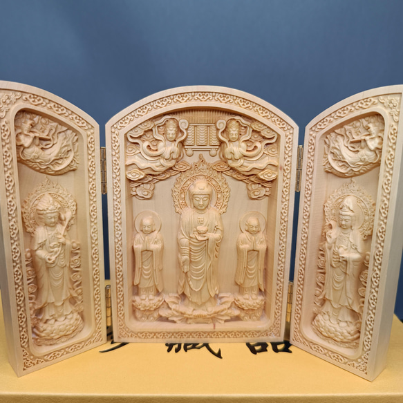 新作 珍品 三開仏 仏師彫り 木彫仏像 仏教工芸品 仏壇 仏像 木彫 西方三聖 美術工芸品 彫刻 松阪彫刻 通販 13525368 ...