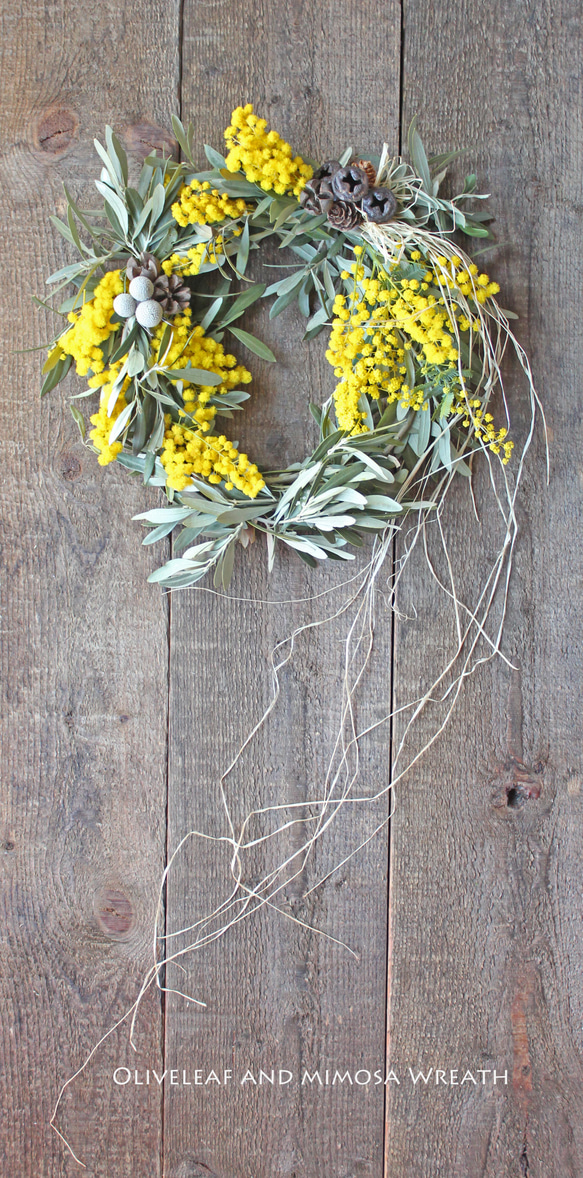 Olive leaf＆Mimosa Wreath 【ラッピング無料】 ドライフラワー Kaohbc Flower 通販｜Creema(クリーマ ...