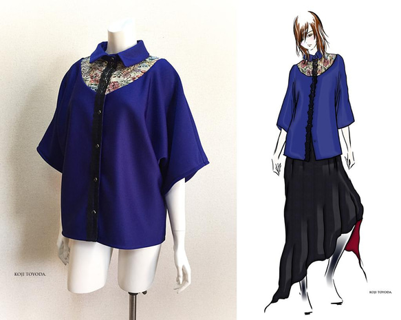 【1点もの・デザイン画付き】ゆったり着物袖アーチ切り替え濃ブルージャージー系ニットブラウス（KOJI TOYODA） ブラウス KOJI ...