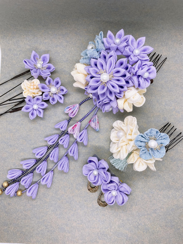 淡藤色 ちりめん細工 つまみ細工 髪飾り 8点セット 卒業式 成人式 結婚式 袴 和装小物 和装ヘア 簪 和装小物（帯・半襟 ...