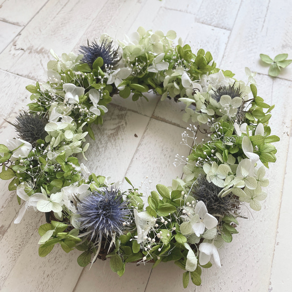 3色の紫陽花のリース＊ブルーのお花とナチュラルグリーンのさわやかなリース＊21センチ リース Secret garden 通販 ...
