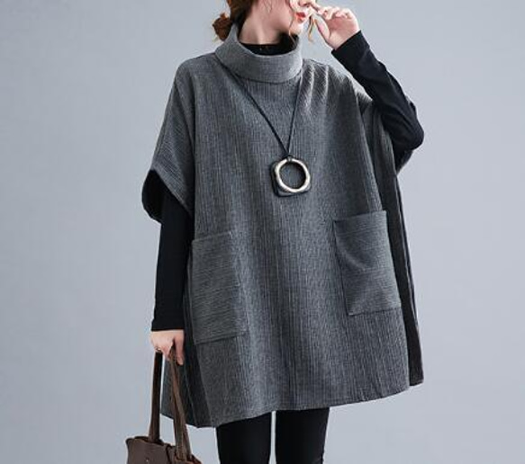 F*ナチュラル*秋レディ ース*20304050代*おしゃれ*ハイネック*厚地ゆったり大きいサイズ*スリット半袖チュニ ニット・セーター ...