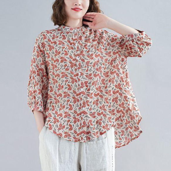 春秋新作***カジュアル*花柄*総柄*ゆったり大きいサイズ*ブラウスシャツ赤選択/Lサイズ シャツ Sonia 通販｜Creema(クリーマ ...