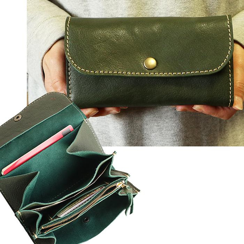 がばっと開けられる革の長財布/大きなレザー財布/gabatto2-green がばっと開けられる革の長財布/大きなレザー財布/gabatto2-green