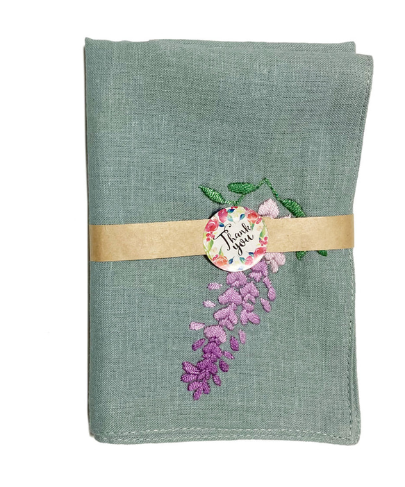 リネン手刺繍ハンカチ「ふじ（藤）」30cm×30cm 「ターコイズ」 その他ファッション Akiko 通販 13697415｜Creema(クリーマ)
