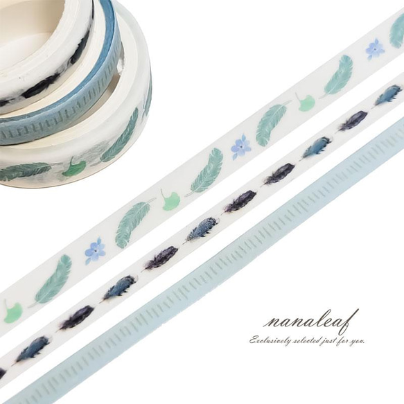 【3個】細め マスキングテープ ブルー グリーン 羽 フェザー モチーフ 和紙 G00007 マスキングテープ nanaleaf 通販 ...