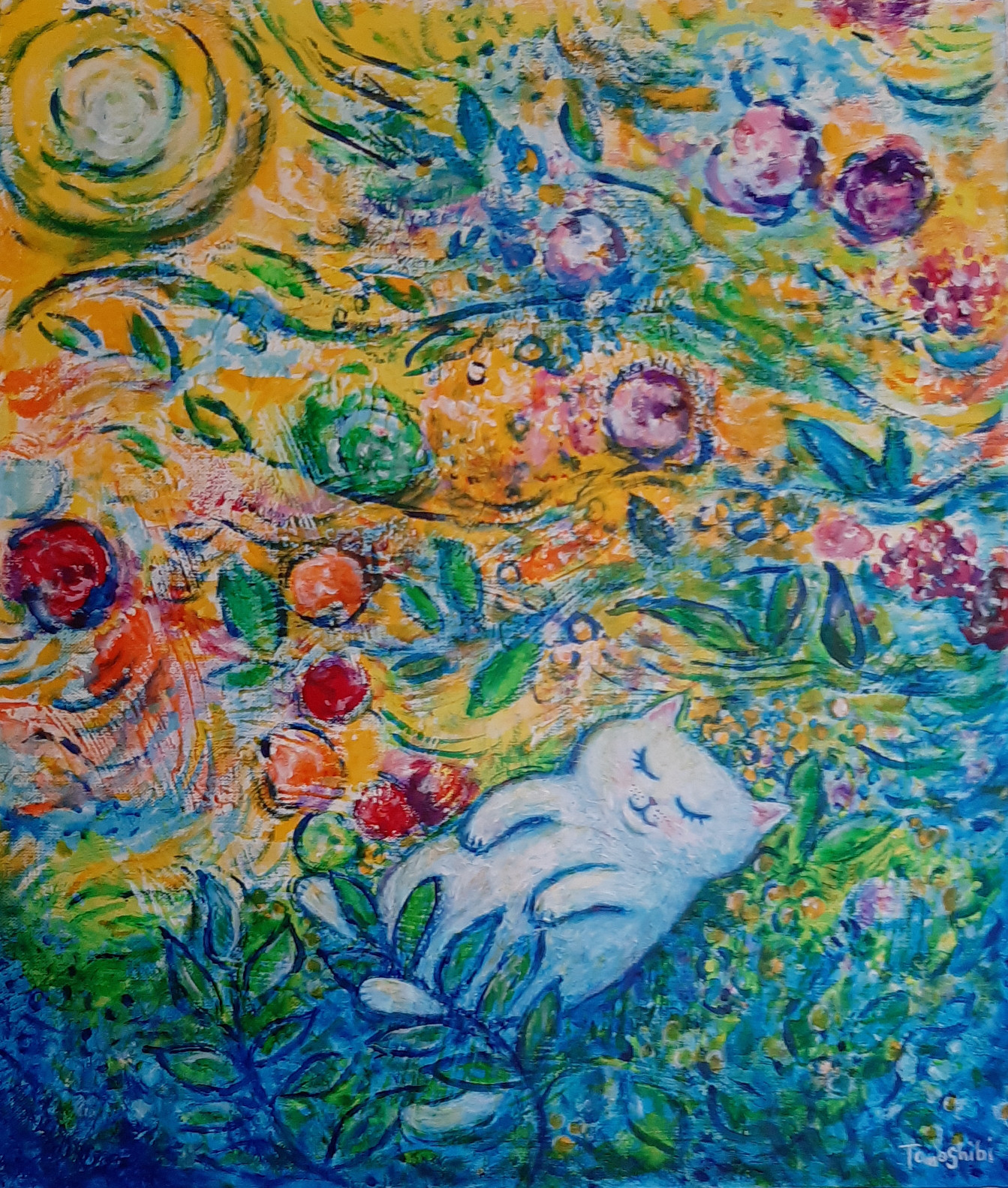 絵画。原画【かわいい白い猫が夜に梯子を登って光る星を集める】 絵画。原画【かわいい白い猫が夜に梯子を登って光る星を集める】