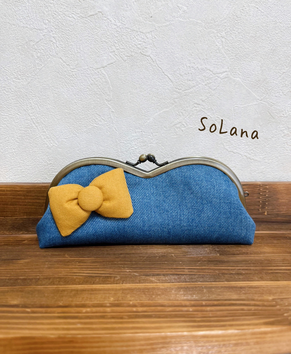 マスタードリボン×デニム 山型がま口ポーチ メガネケース メガネケース SoLana 通販｜Creema(クリーマ) 13949851