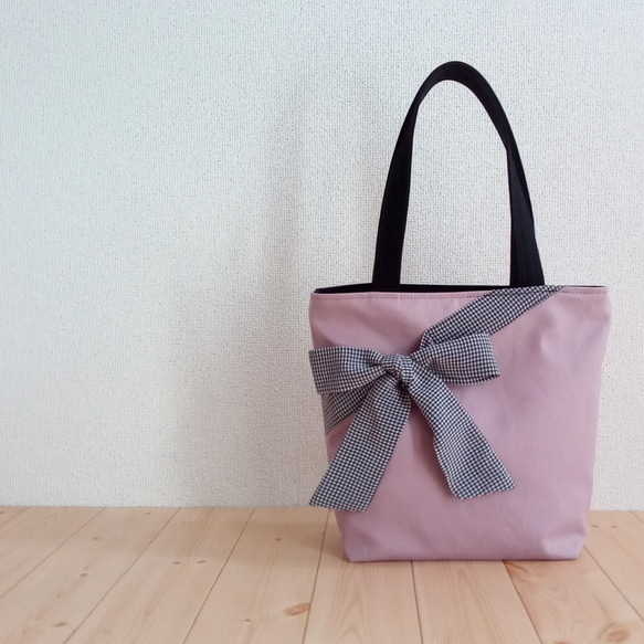 安心のファスナー付き リボン付きトートバッグ 母の日 くすみライラック帆布×ギンガムチェック 831 トートバッグ M.unbleach 通販 ...