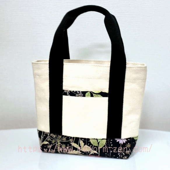 リバティ イルマ ブラック 赤花／黄花 ミニトートバッグ タナローン 6号帆布 ポケット リフォーム繕 オリジナル トートバッグ リフォーム繕 ...