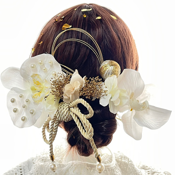 成人式 & 卒業式 & 結婚式 パール胡蝶蘭 ホワイト髪飾り 髪飾り 水引 アレンジ紐 成人式髪飾り 卒業式髪飾り ヘッドドレス（アクセサリー ...