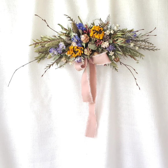 夏色！ひまわりとラークスパーの壁掛けです。 壁掛けですが、置いて飾ってもいいです。 ドライフラワー ayaドライフラワー 通販｜Creema ...