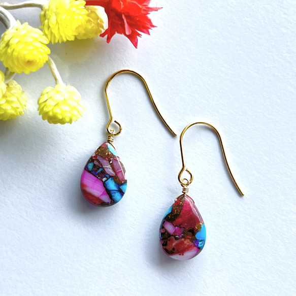 14kgf ピンク コッパーターコイズ ペアシェイプ 1粒ピアス ピアス（フック・チェーン） Jupitergogo 通販 14529015 ...