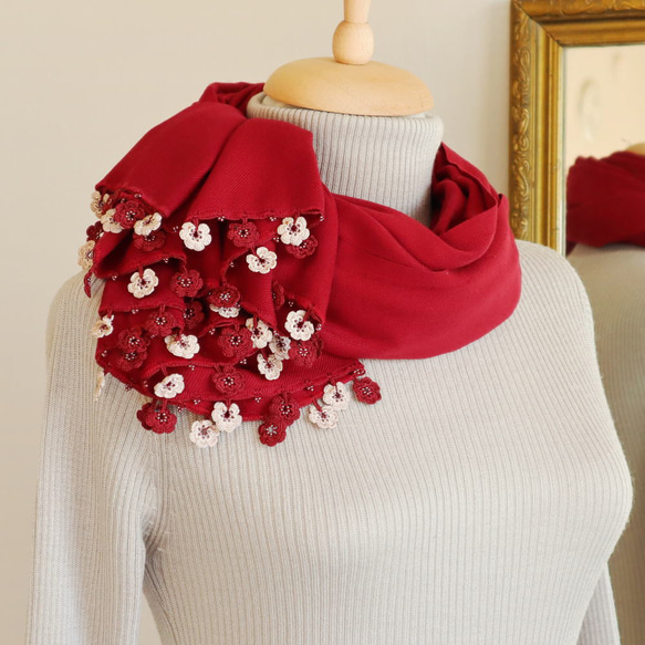 【受注製作】レースの花付き パシュミナストール「マリー」ボルドー ストール AYTURK／アイトゥルク 通販 14623527｜Creema(クリーマ)