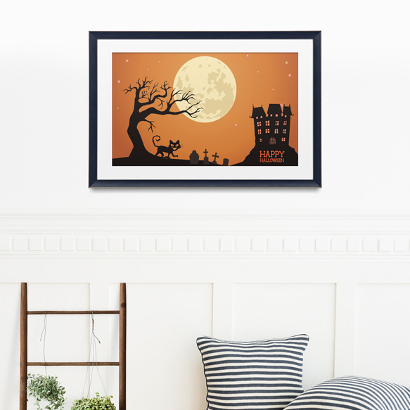 ハロウィンポスター、大人のハロウィン、黒猫ハロウィン、インテリアで楽しむハロウィン。ハロウィンの飾り。【H-0190】 イラスト ...