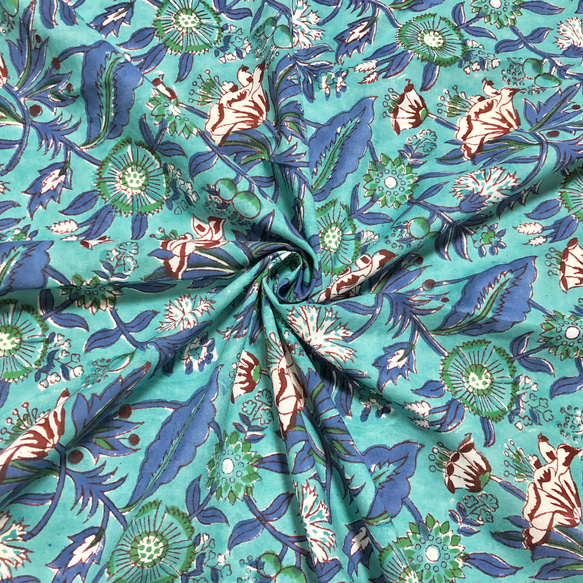 【50cm単位】ブルーグリーンネイビーフラワー インド ハンドブロックプリント生地 テキスタイル 生地 MICALA ミカラ 通販 ...