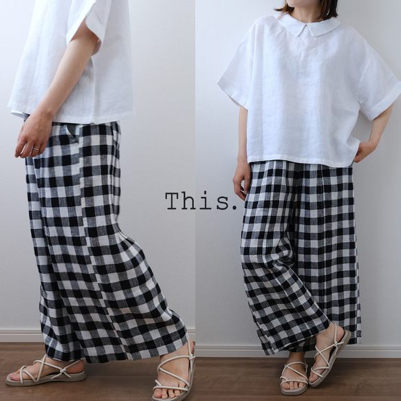 【this_】ギンガムチェック 大人愛い リネン 麻 ワイドパンツ 体型カバー ボトムス 春 夏 P301 PL2 キュロット・ワイドパンツ ...