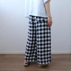 【this_】ギンガムチェック 大人愛い リネン 麻 ワイドパンツ 体型カバー ボトムス 春 夏 P301 PL2 キュロット・ワイドパンツ ...