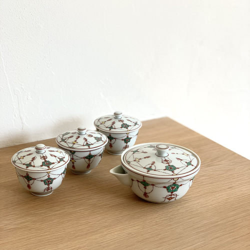 京焼・清水焼】京都 水野春陽窯 赤絵 瓔珞紋 茶器セット(宝瓶 京焼・清水焼】京都 水野春陽窯 赤絵 瓔珞紋 茶器セット(宝瓶