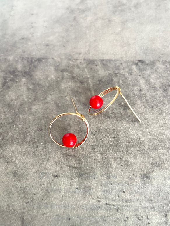 レッドコーラル 赤珊瑚サークルピアス14kgf ピアス（スタッド・一粒） marjoram 通販 14835102｜Creema(クリーマ)