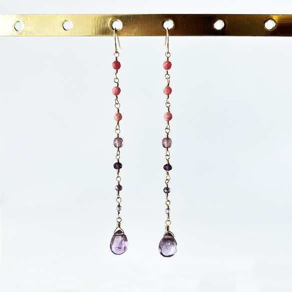 【Style.K】 14kgf アメジスト ロングピアス ピンクパープル グラデーション 天然石 プレゼントにぴったり♪ ピアス（フック ...