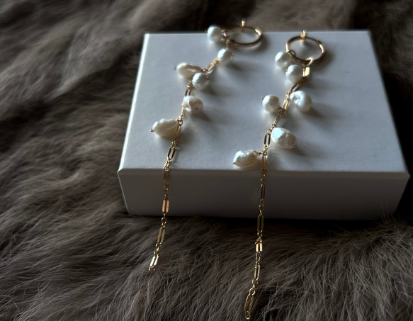 【再販】3WAY ロングチェーンイヤリング【ケシパール】② 14kgf フォーマルにも普段使いにも イヤリング・ノンホールピアス makila 通販｜Creema(クリーマ) 14922664