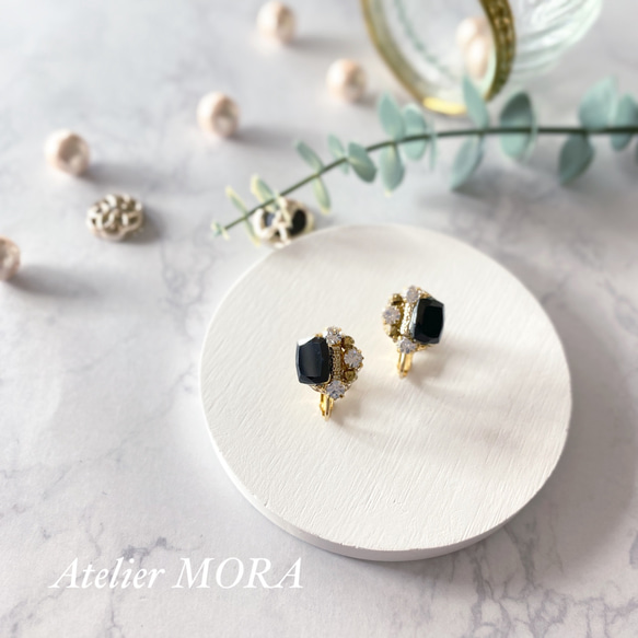 《漆黒のブラックスピネル》天然石スクエアビジュー イヤリング・ピアス /14kgf金具対応 ピアス（スタッド・一粒） Atelier MORA ...