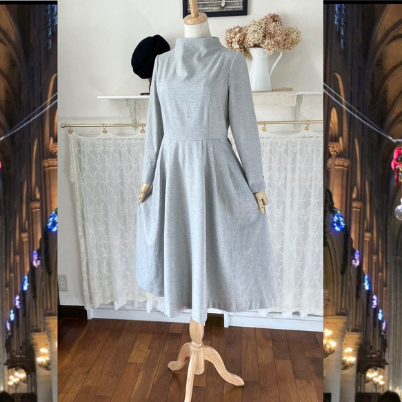 ♦️Sale♦️ウールのロングワンピース『軽くて暖かいライトグレーの洗えるウール！ボトルネック・タックスカート』 ワンピース Mrs ...