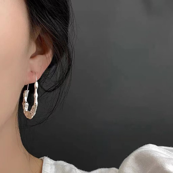 SV925 18K 大ぶり シンプル 不規則デザイン 槌目 フープ イヤリング ピアス（フープ） 2Ming studio 通販 15066490｜Creema(クリーマ)