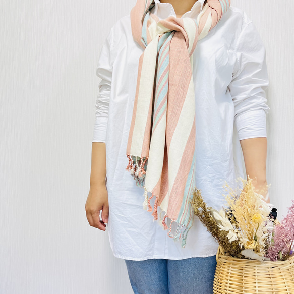 コットンストールグローリー【アクアブルー×シェルピンク】 ストール a hana 通販 15101298｜Creema(クリーマ)